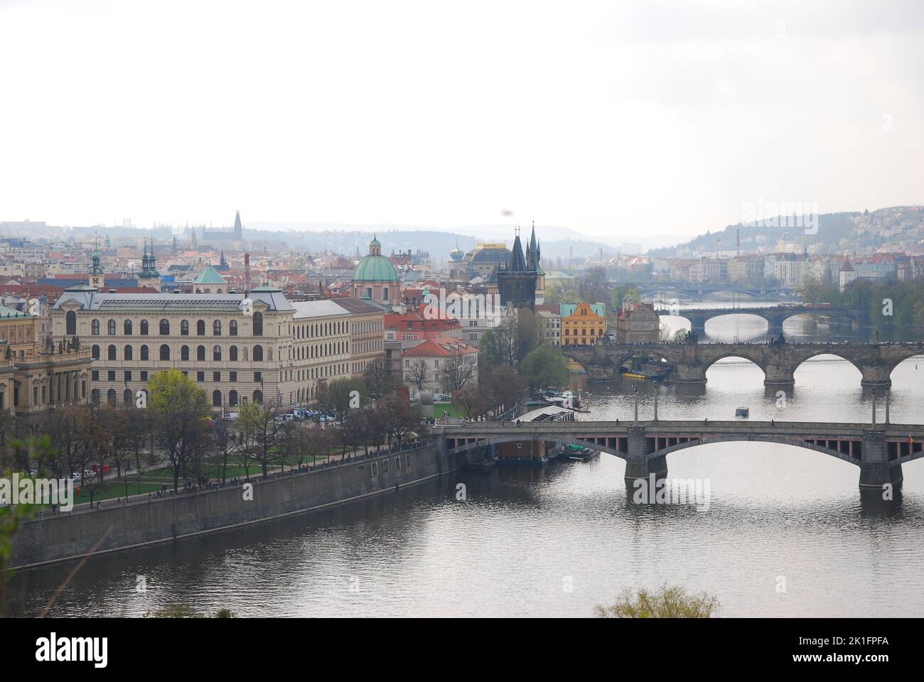 An aerial view of bridges over the Vlatva River in Prague, Czech ...
