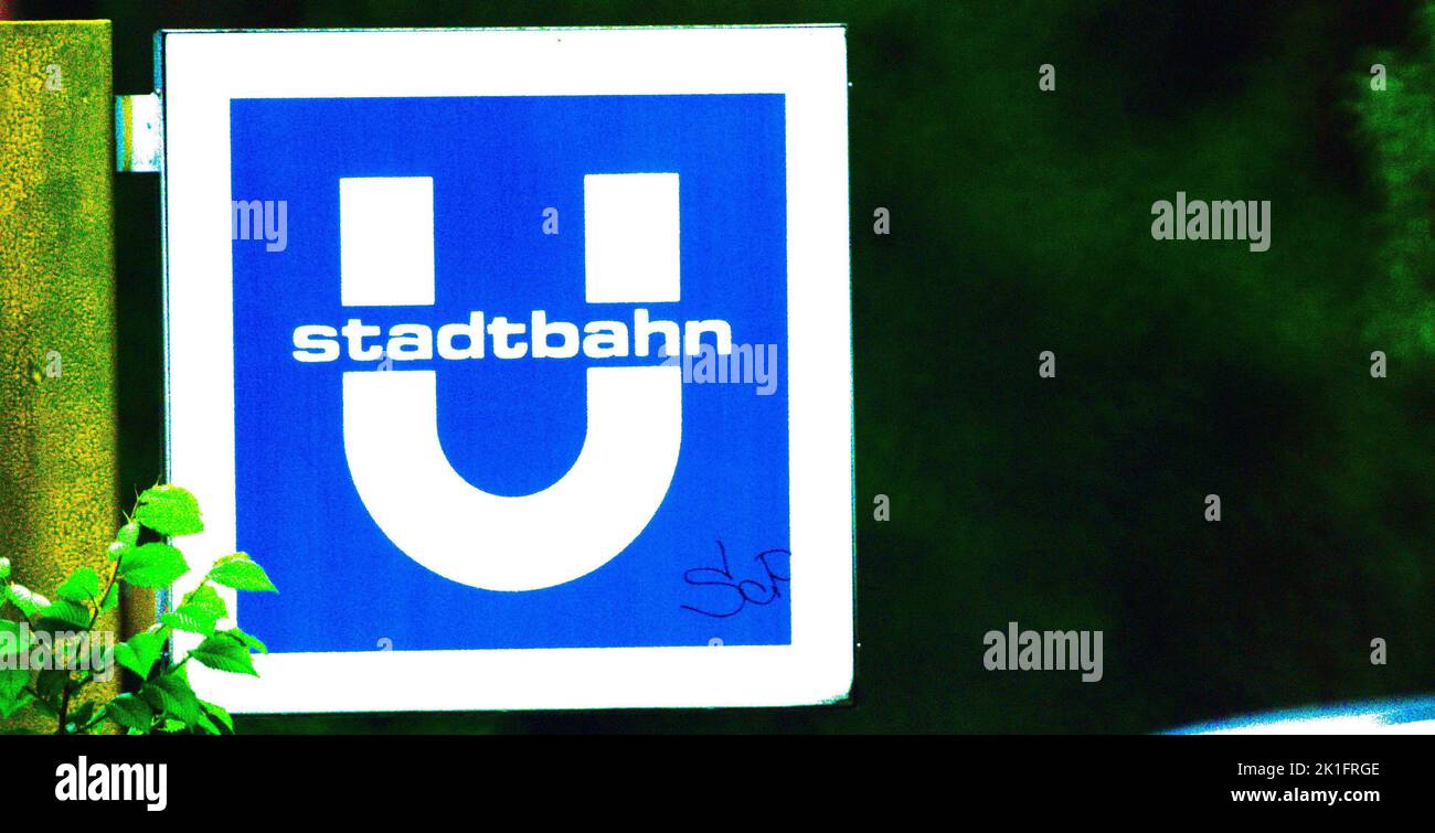 A closeup of the Stadtbahn light rail subway station logo in Essen, NRW ...