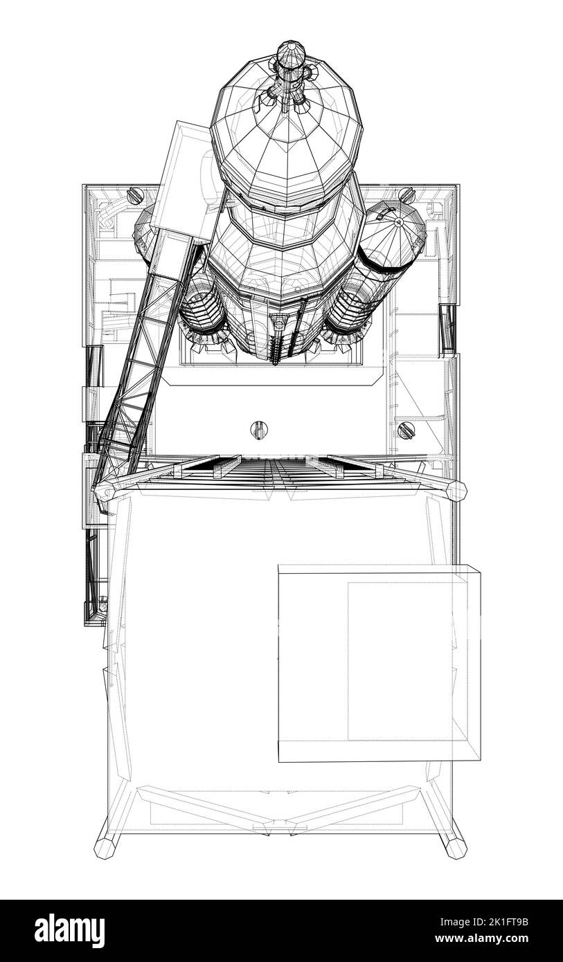 Space Rocket on launch pad. Vector rendering of 3d. Wire-frame style ...