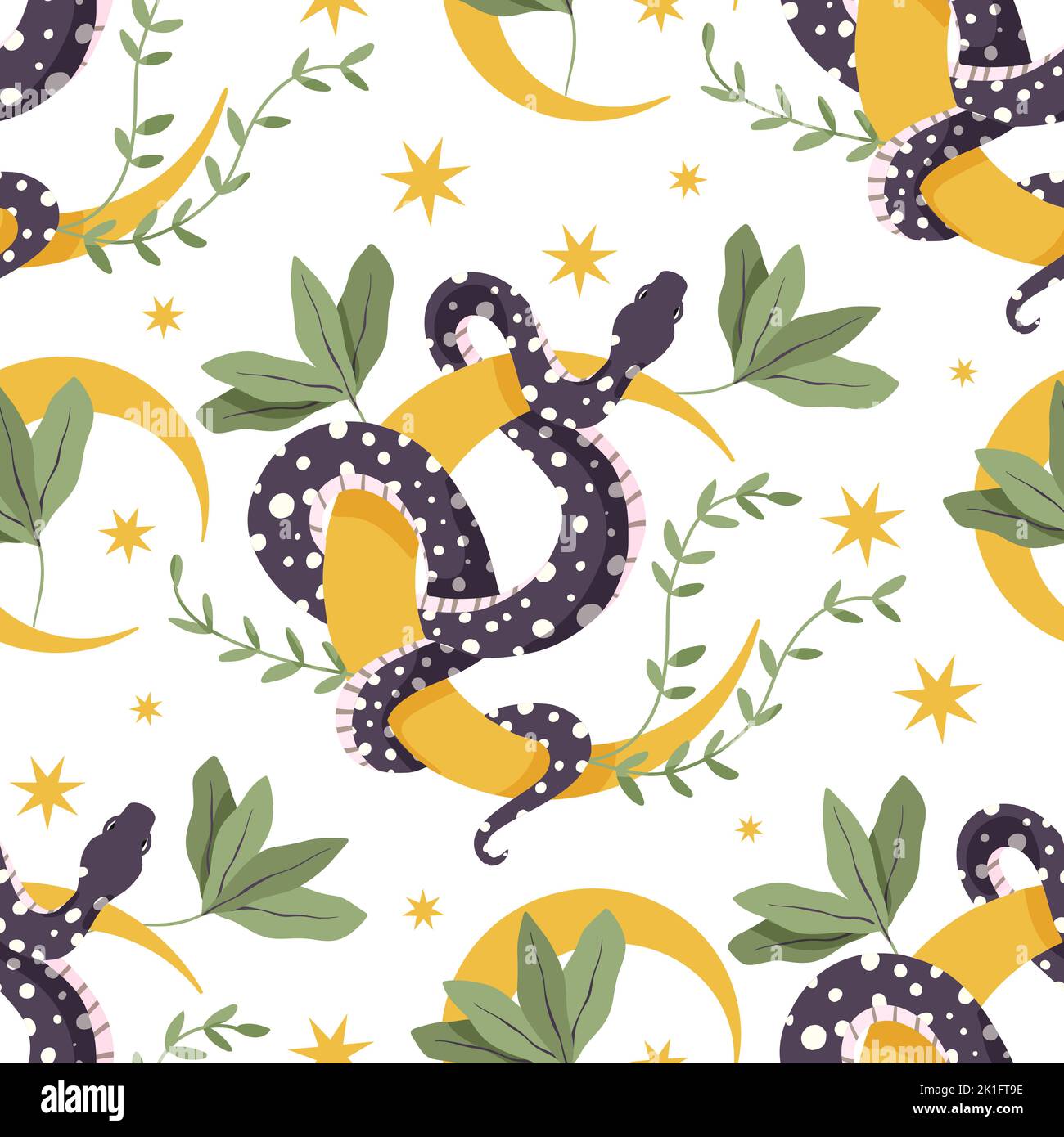 Snake and moon floral seamless pattern. Vector flower magic snakes ...