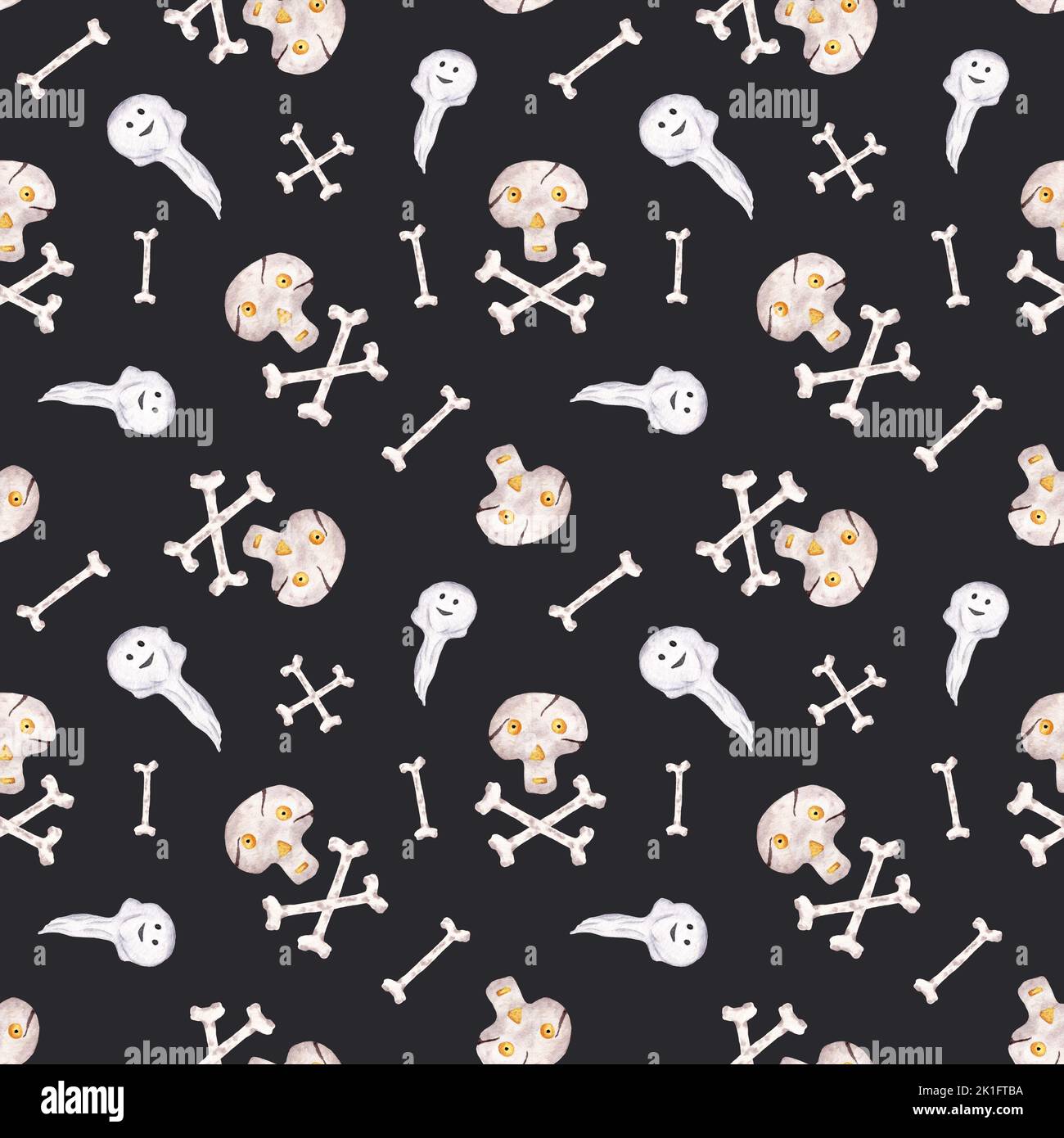 Halloween. Seamless watercolor pattern of bones and skull, ghost ...