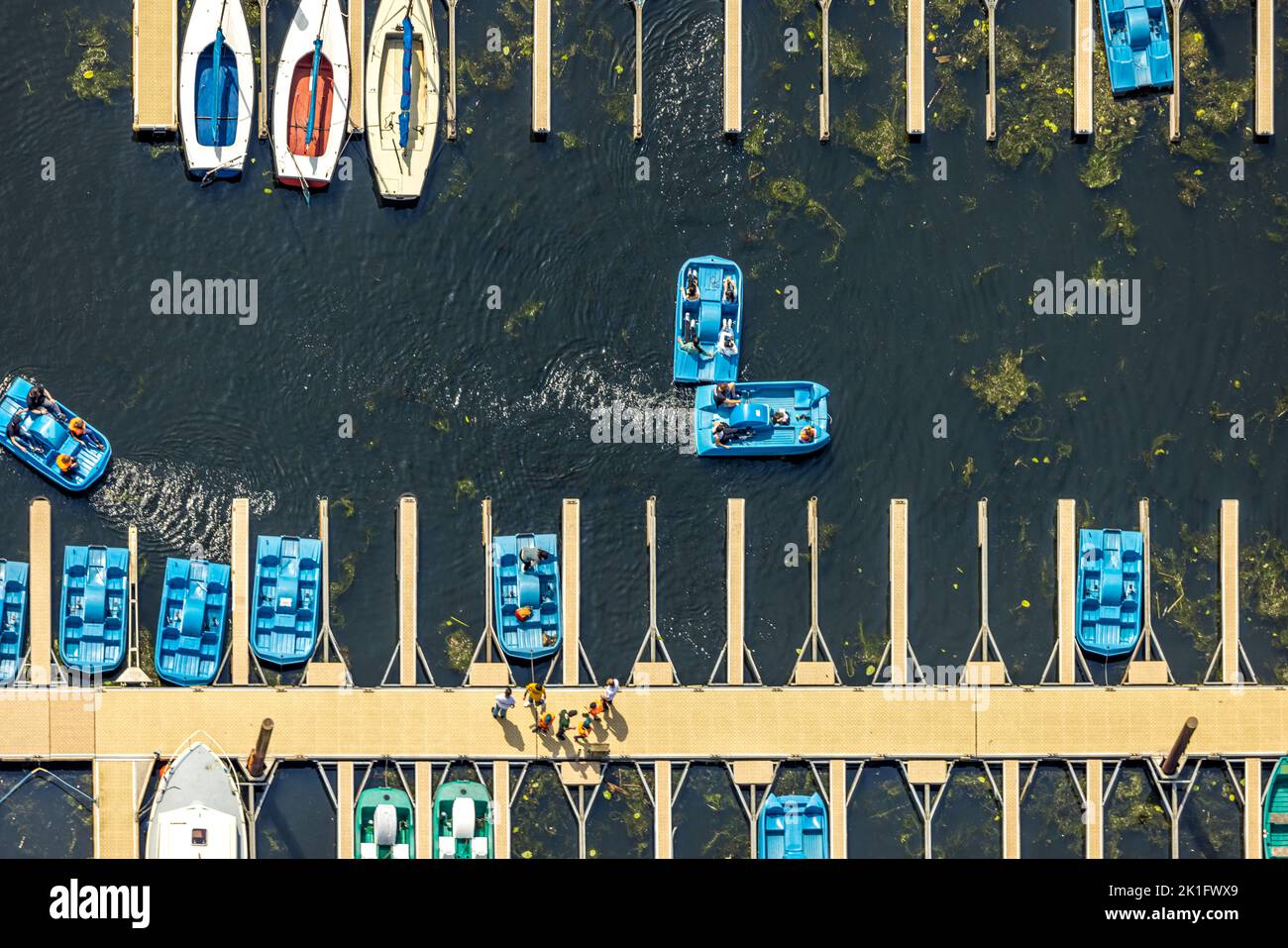 Aerial view, boat landing stage, pedal boats at Kemnader See in Heveney ...