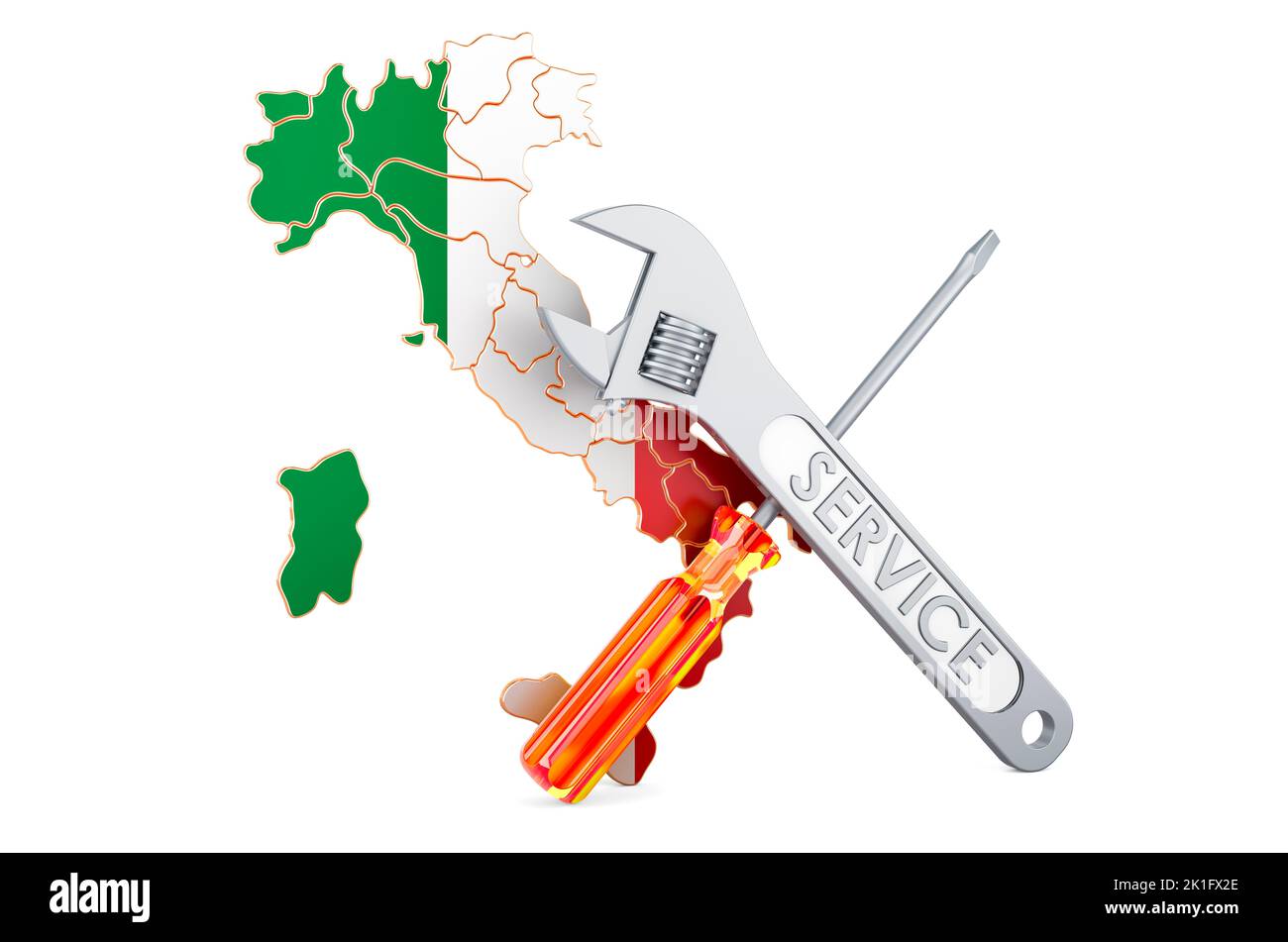 Italian map with screwdriver and wrench, 3D rendering isolated on white ...