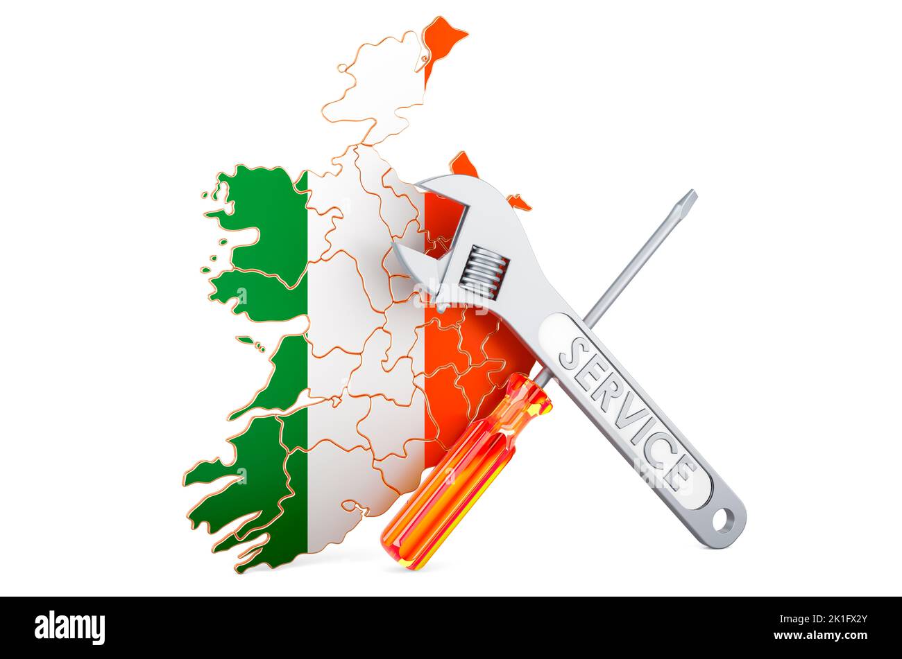 Irish map with screwdriver and wrench, 3D rendering isolated on white ...