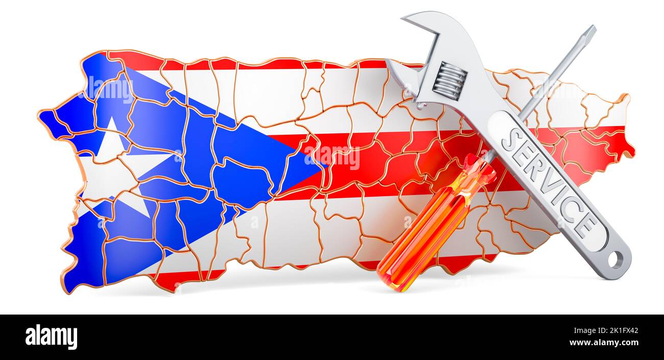 Puerto Rican map with screwdriver and wrench, 3D rendering isolated on ...