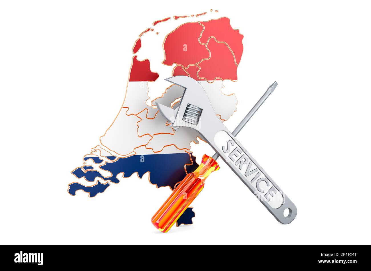 The Netherlands map with screwdriver and wrench, 3D rendering isolated ...
