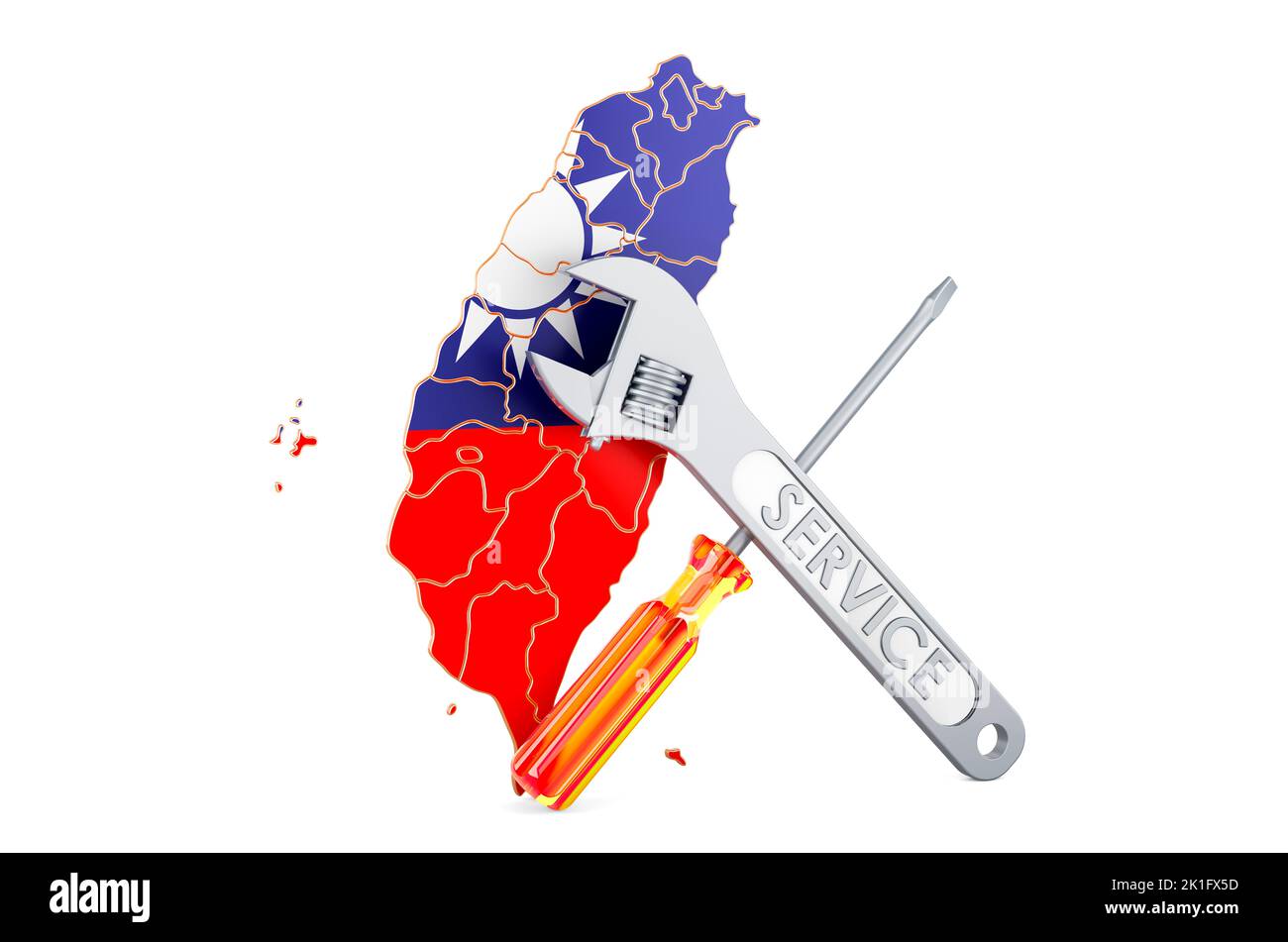 Taiwanese map with screwdriver and wrench, 3D rendering isolated on ...
