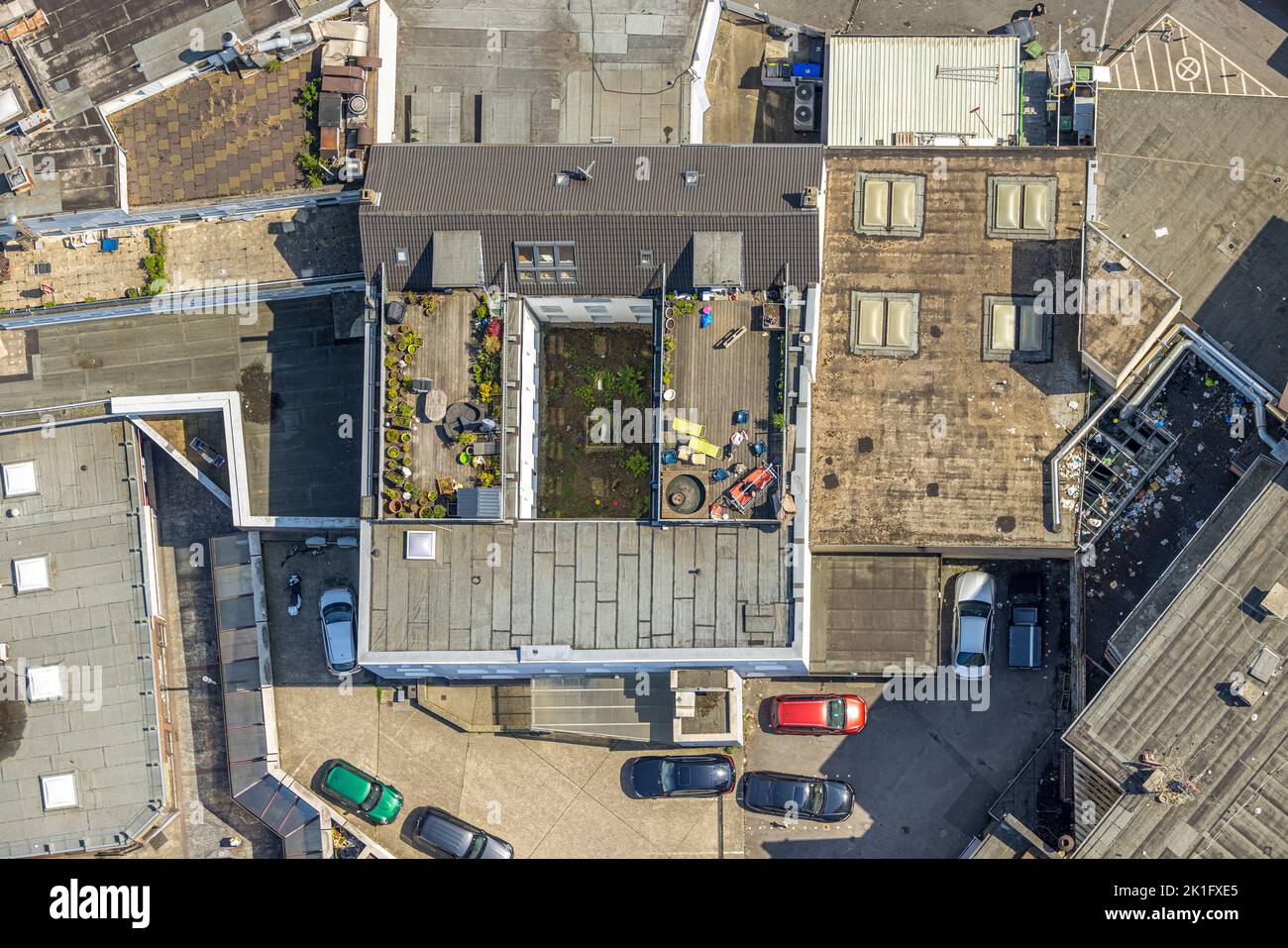 Aerial view, chilling on Bochum's roofs, residential building with roof ...