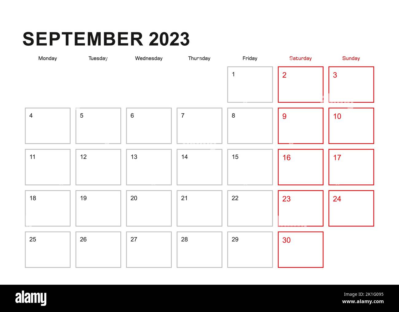 Wall planner for September 2023 in English language, week starts in ...