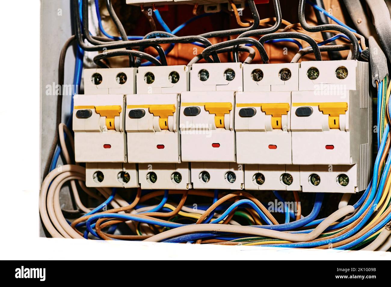A box containing a junction of electric wires or cables close up Stock ...