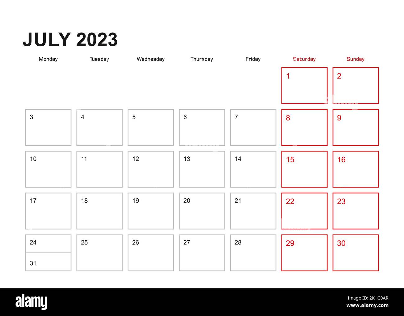 Wall planner for July 2023 in English language, week starts in Monday ...