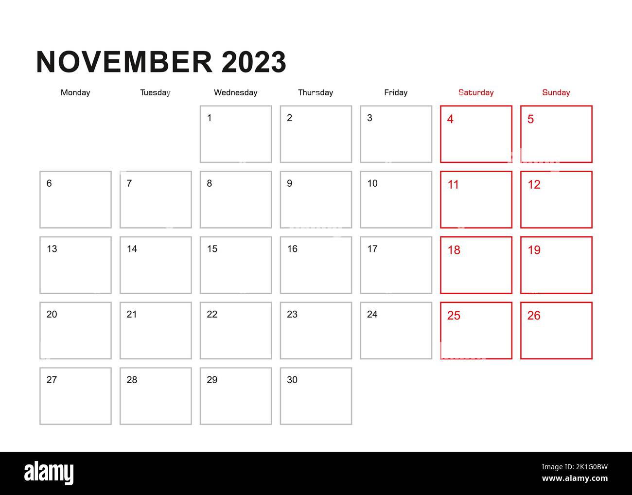 Wall planner for November 2023 in English language, week starts in ...