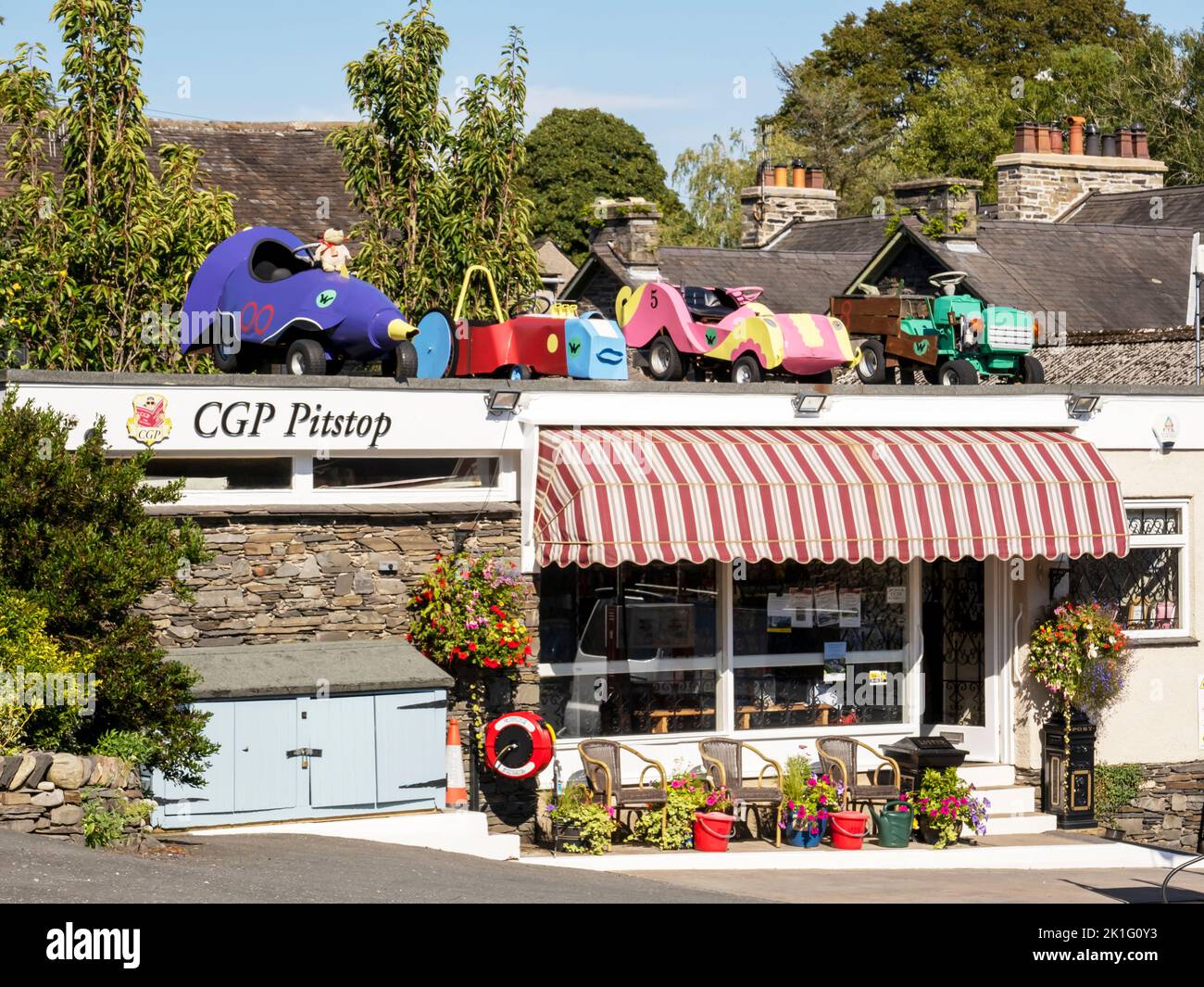 Fun vehicles on a garage roof in Broughton in Furness, South Cumbria ...
