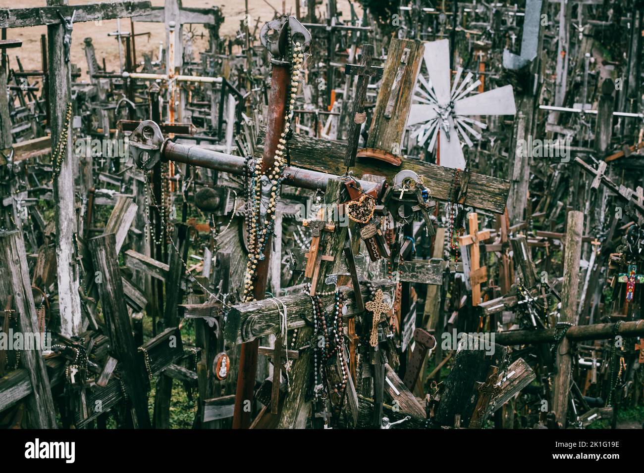 Several wooden and metal crosses on the hill. Famous place of christian ...