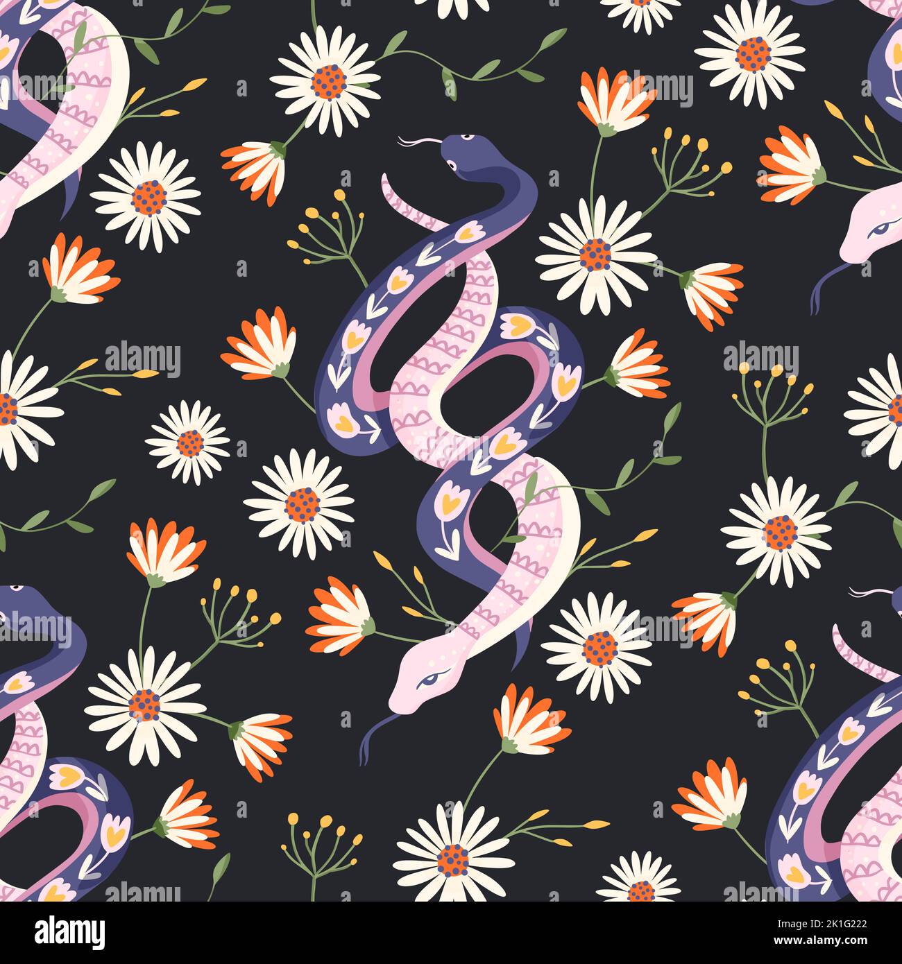 Snake couple floral seamless pattern. Vector flower magic snakes mystic ...