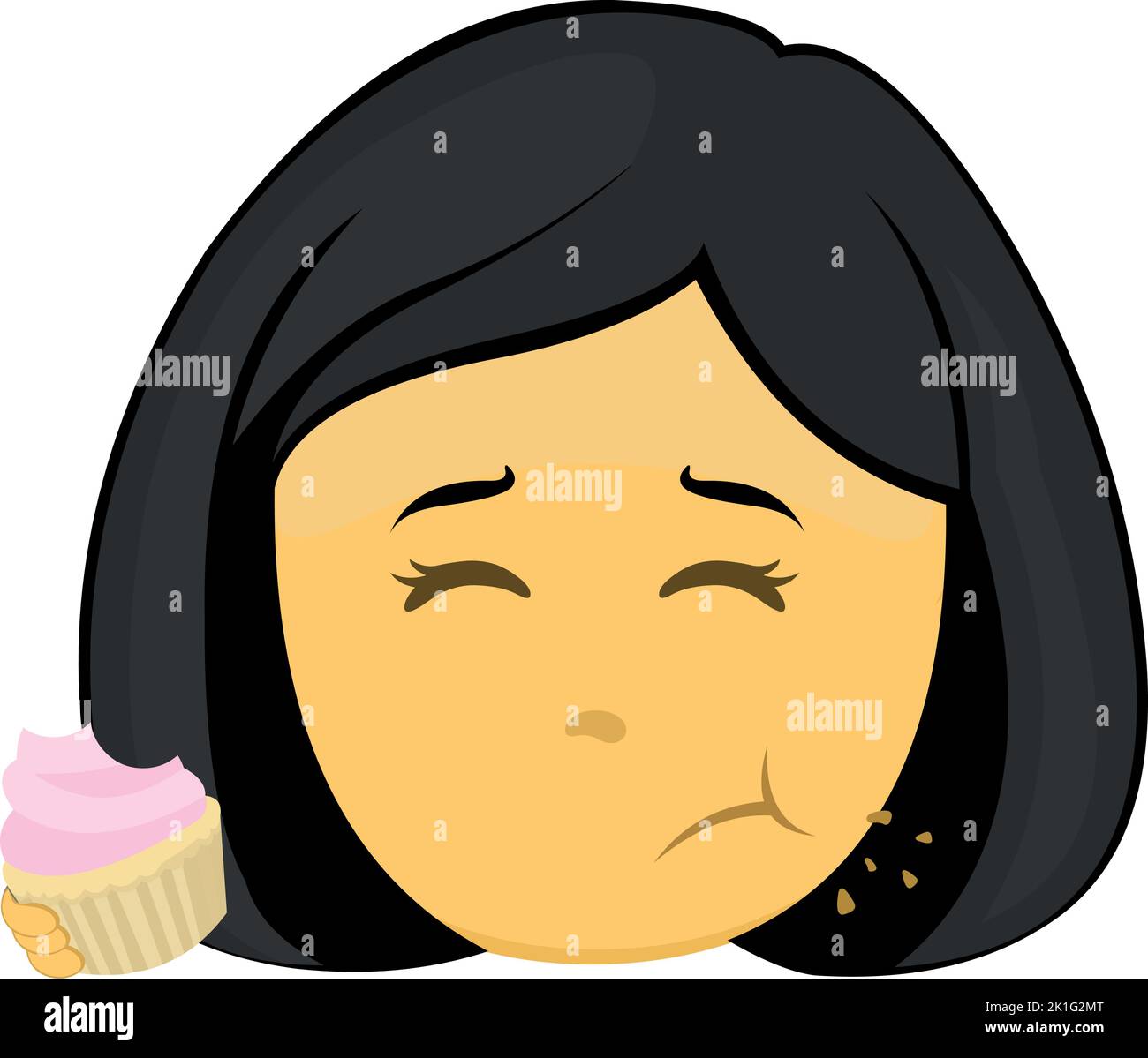 Vector emoji illustration of a yellow cartoon woman eating a cupcake or ...