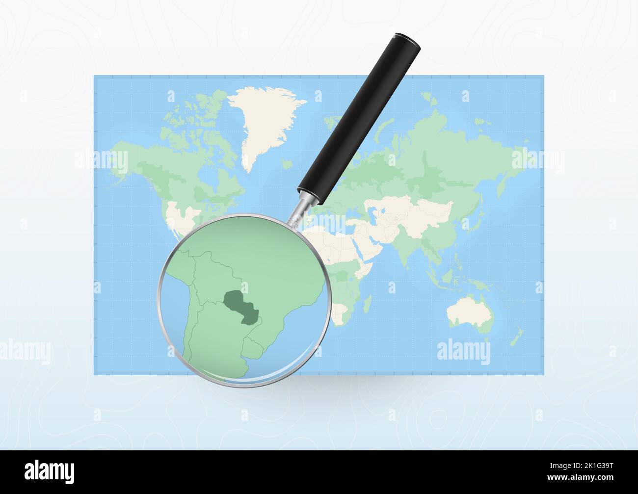 Map of the World with a magnifying glass aimed at Paraguay, searching Paraguay with loupe ...
