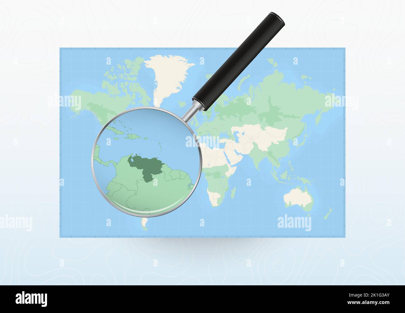 Map of the World with a magnifying glass aimed at Venezuela, searching ...