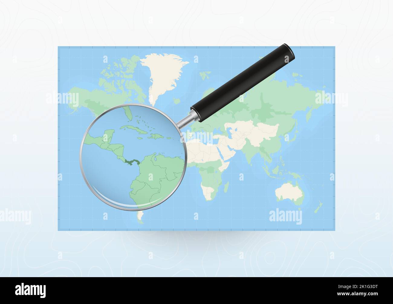 Map of the World with a magnifying glass aimed at Panama, searching Panama with loupe. Vector ...