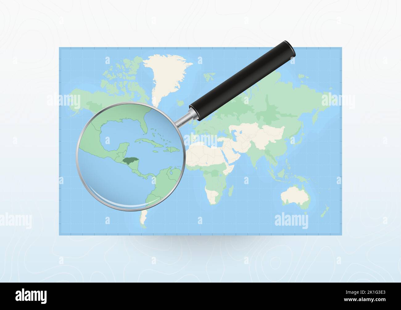 Map of the World with a magnifying glass aimed at Honduras, searching Honduras with loupe ...