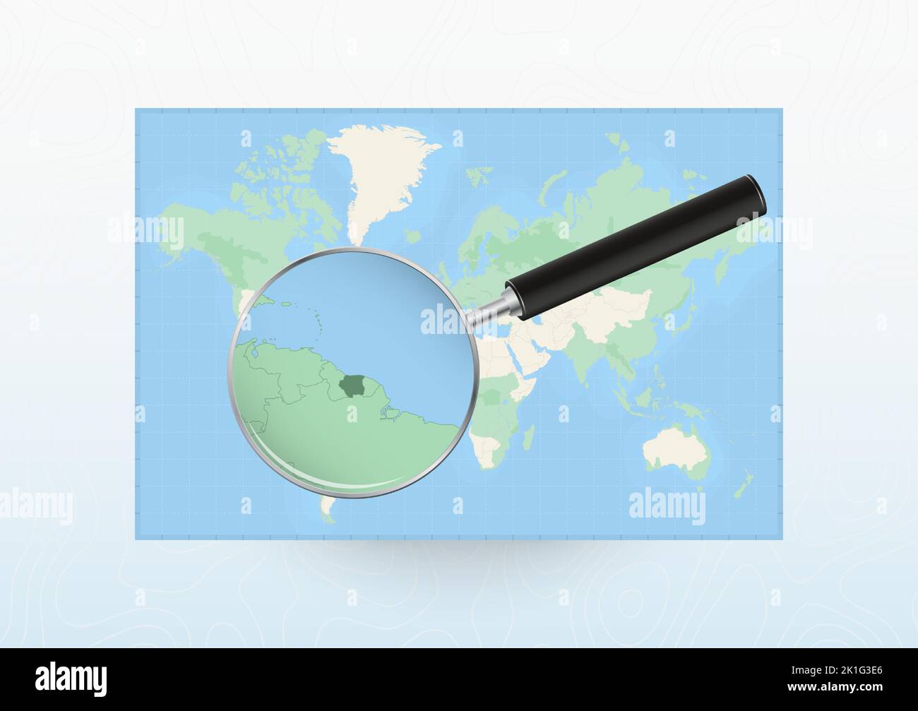 Map of the World with a magnifying glass aimed at Suriname, searching ...