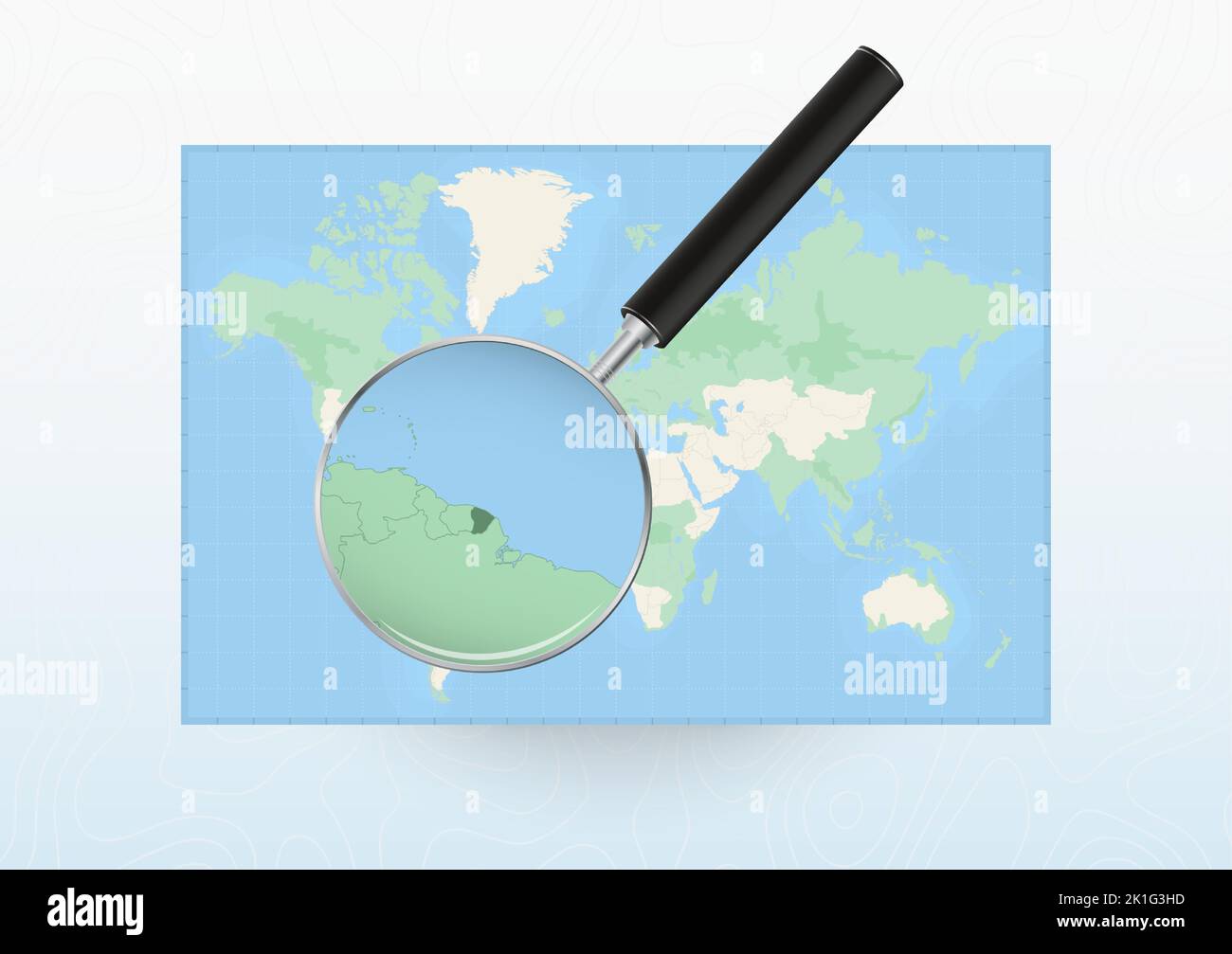 Map of the World with a magnifying glass aimed at French Guiana, searching French Guiana with ...