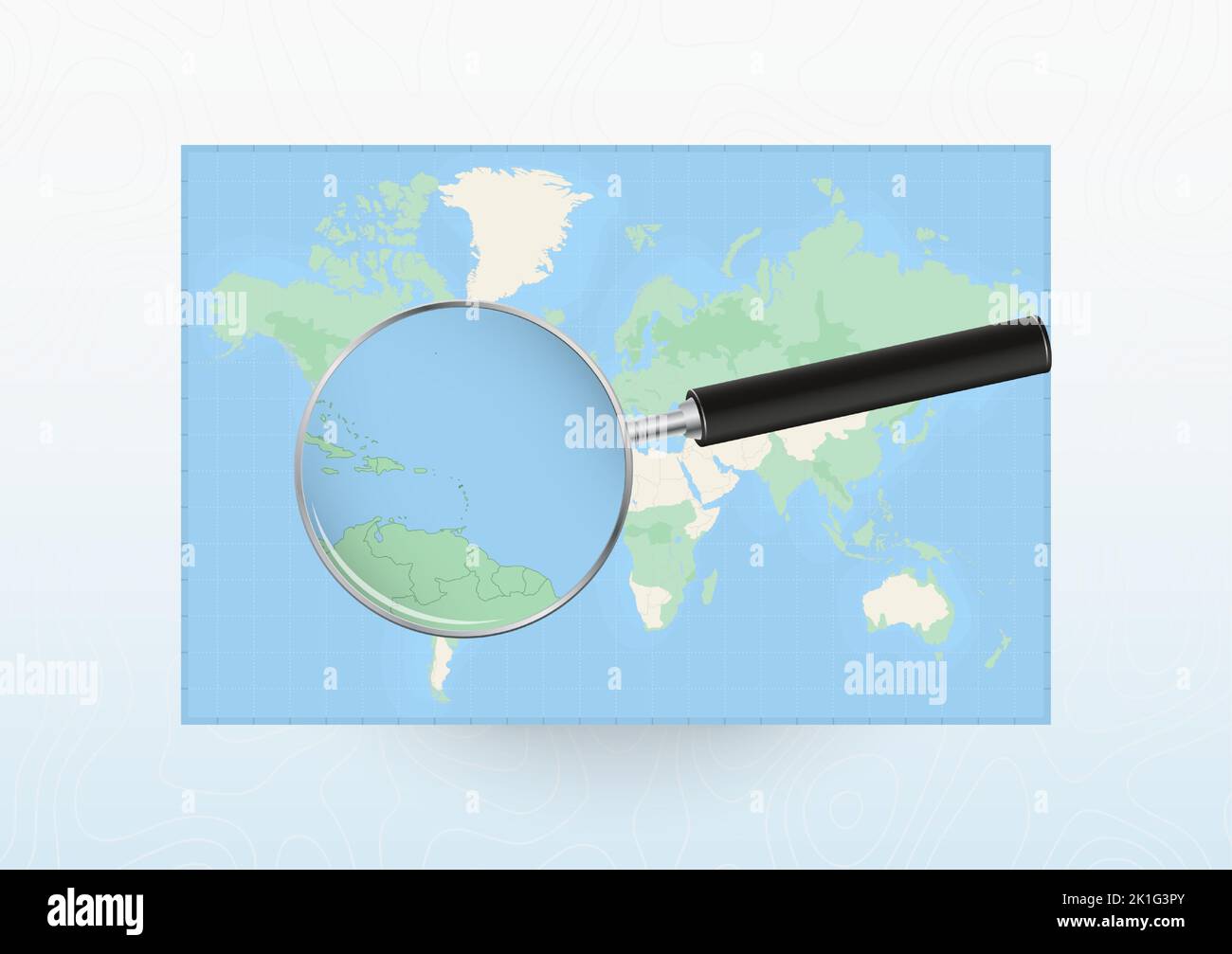 Map of the World with a magnifying glass aimed at Antigua and Barbuda ...