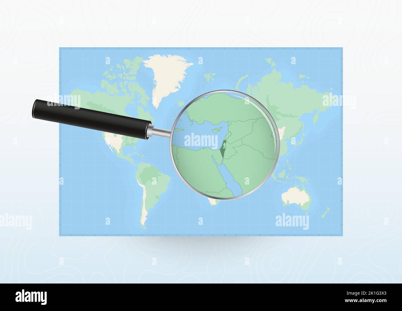 Map of the World with a magnifying glass aimed at Israel, searching ...