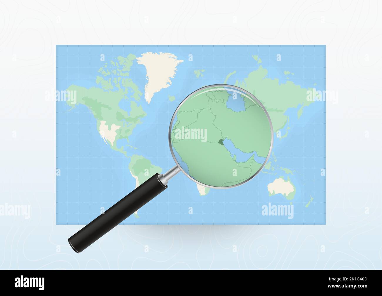 Map of the World with a magnifying glass aimed at Kuwait, searching Kuwait with loupe. Vector ...