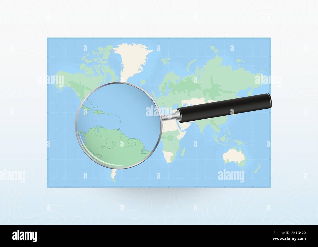 Map of the World with a magnifying glass aimed at Trinidad and Tobago ...