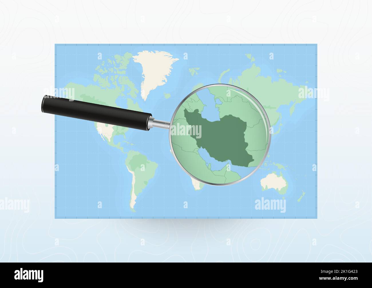 Map of the World with a magnifying glass aimed at Iran, searching Iran with loupe. Vector map ...