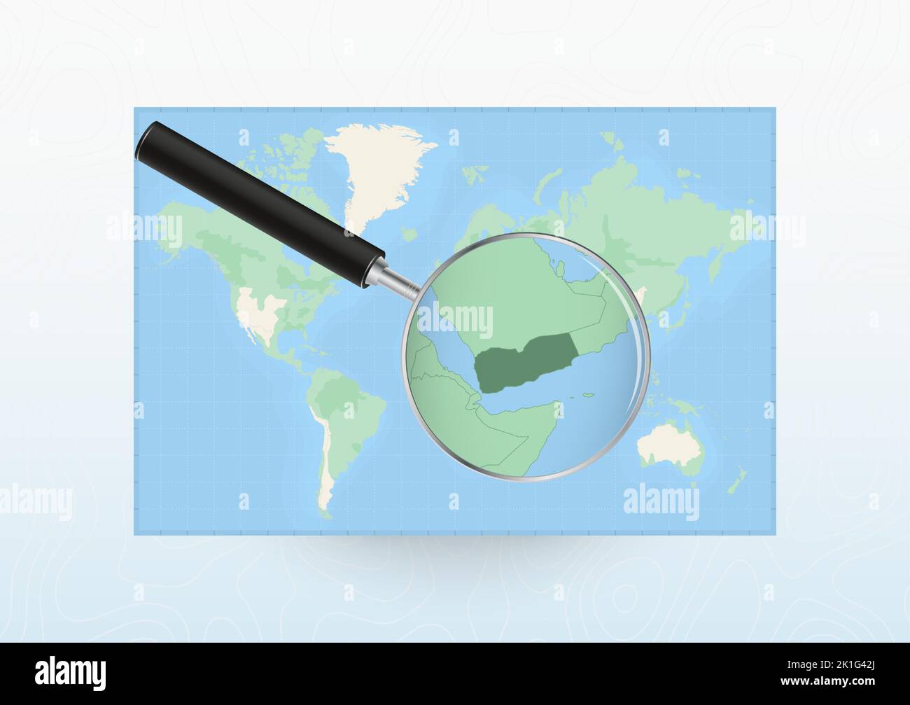 Map of the World with a magnifying glass aimed at Yemen, searching Yemen with loupe. Vector map ...