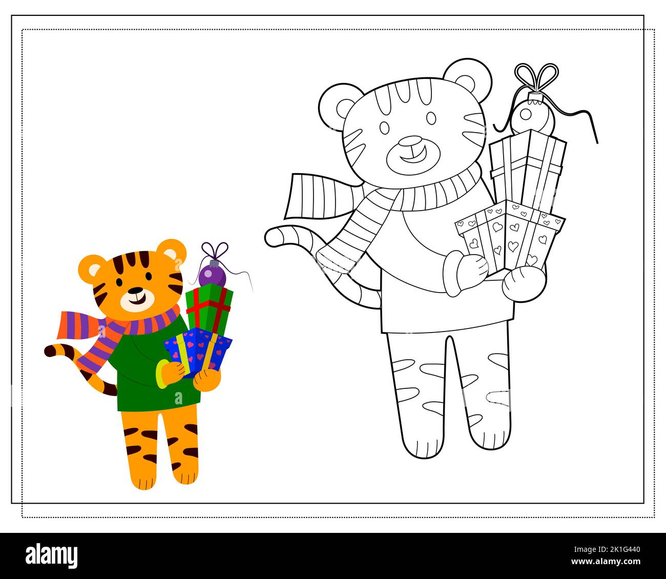Coloring book for kids, cartoon tiger holding boxes with gifts. Vector ...