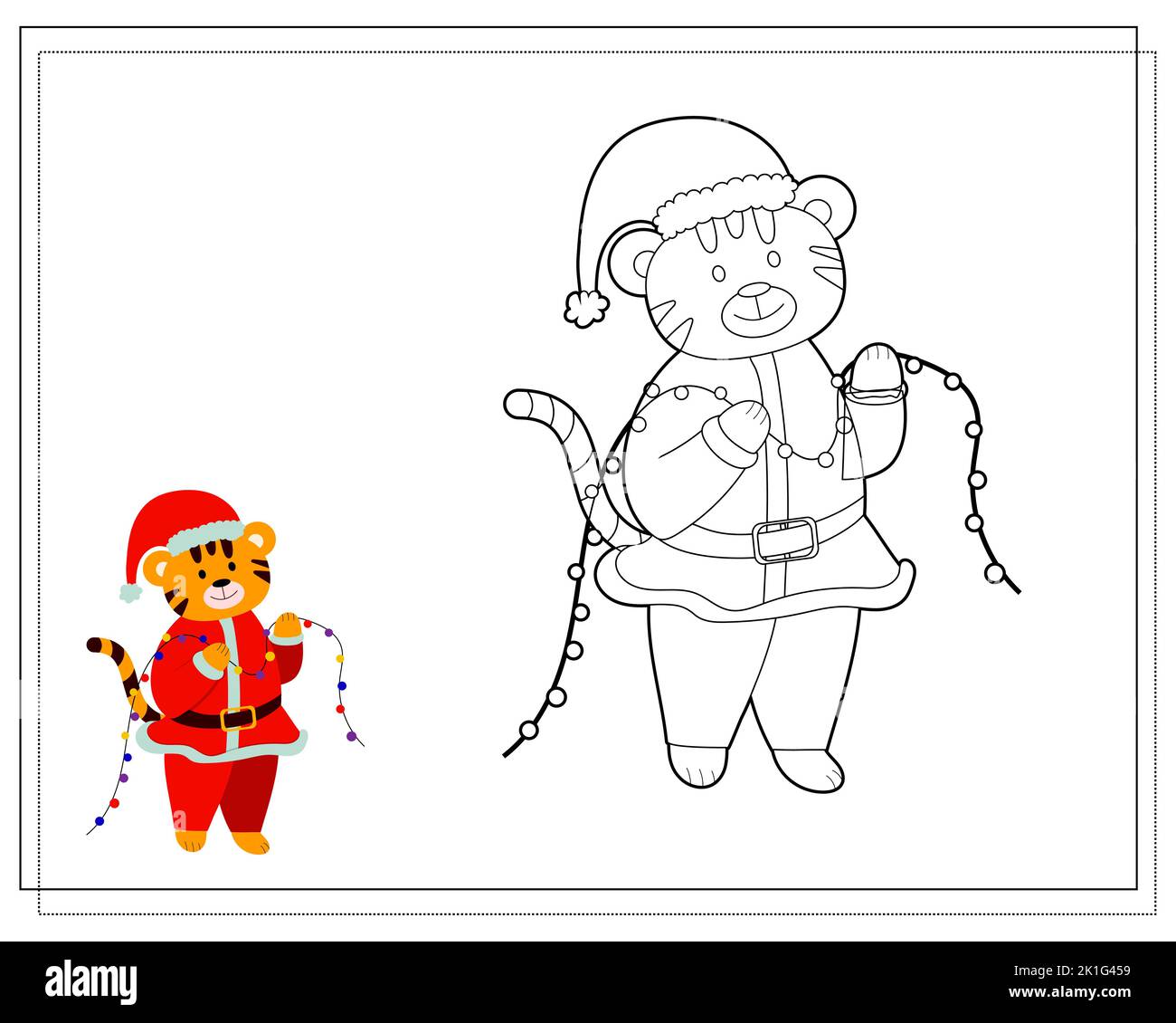 Coloring book for kids, cartoon tiger holding a garland. Vector ...