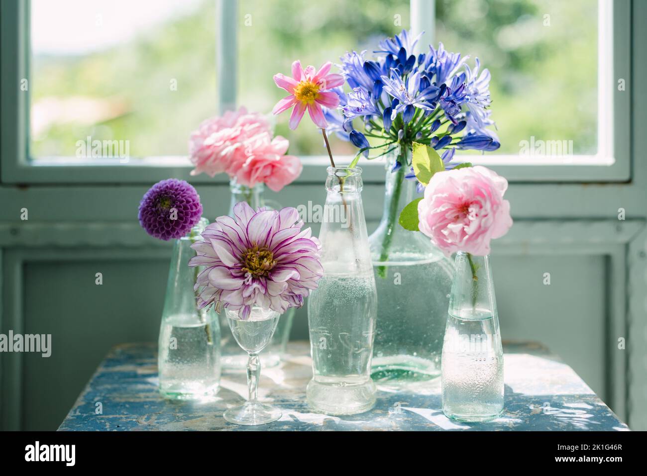 A beautiful shot of assorted colorful flowers in individual vases on a ...