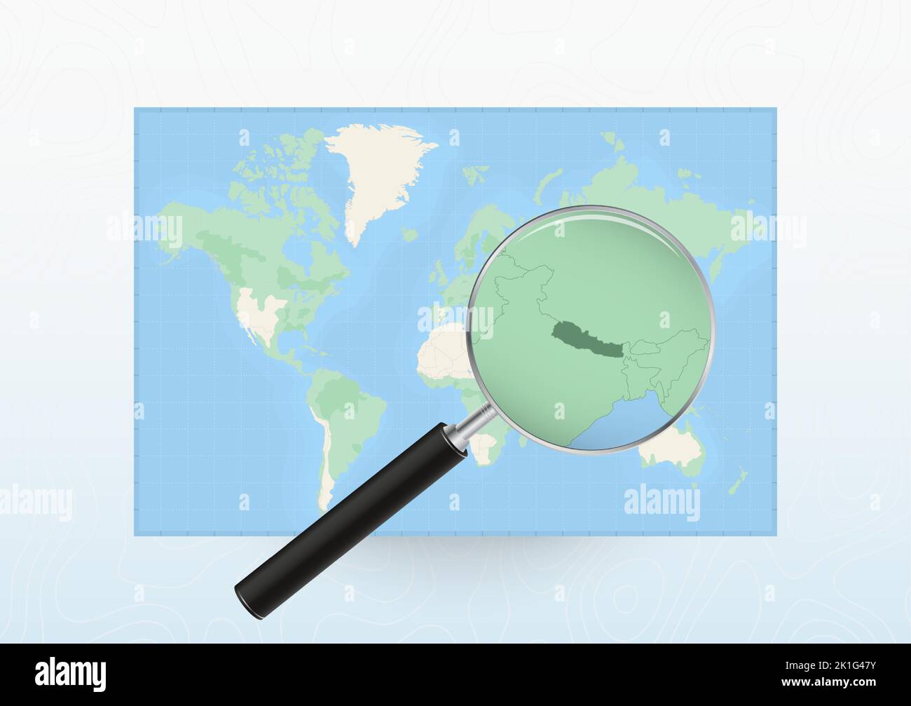 Map of the World with a magnifying glass aimed at Nepal, searching Nepal with loupe. Vector map ...