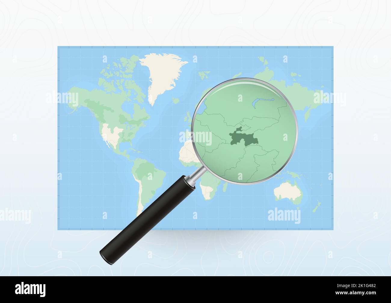 Map of the World with a magnifying glass aimed at Tajikistan, searching Tajikistan with loupe ...