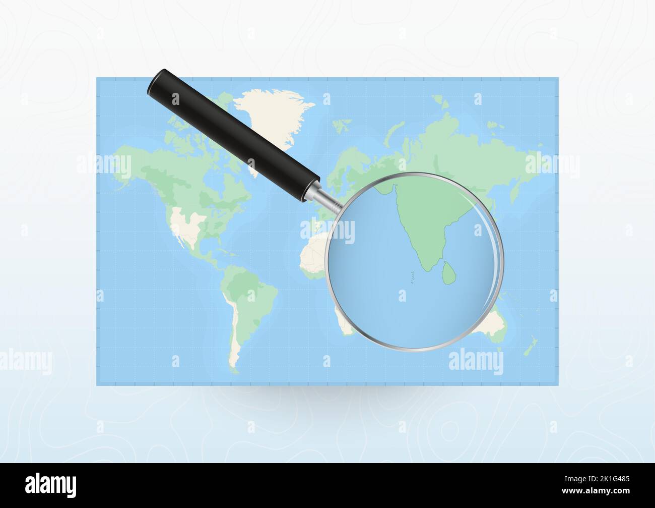 Map of the World with a magnifying glass aimed at Maldives, searching Maldives with loupe ...