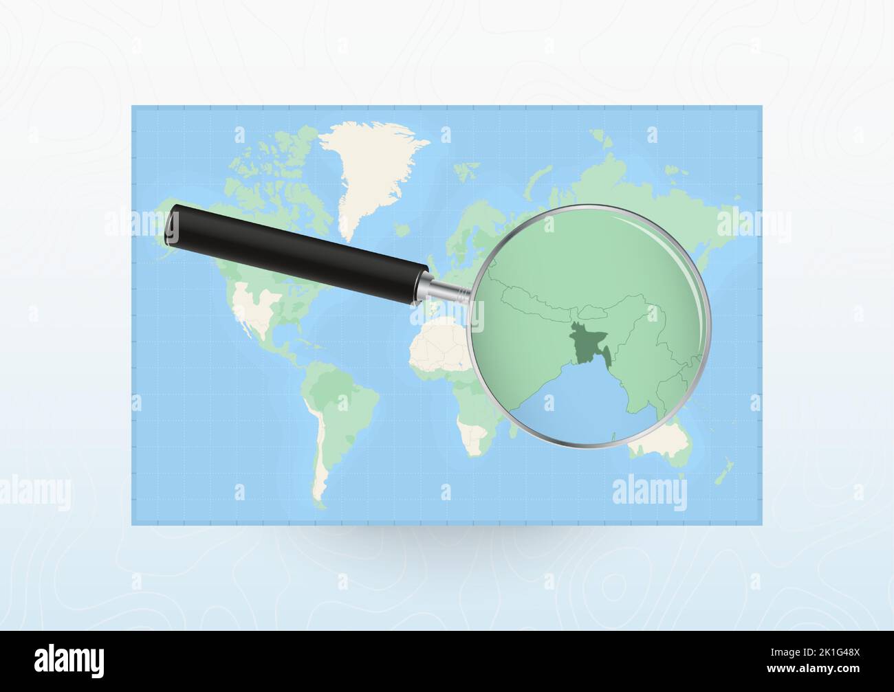 Map of the World with a magnifying glass aimed at Bangladesh, searching ...