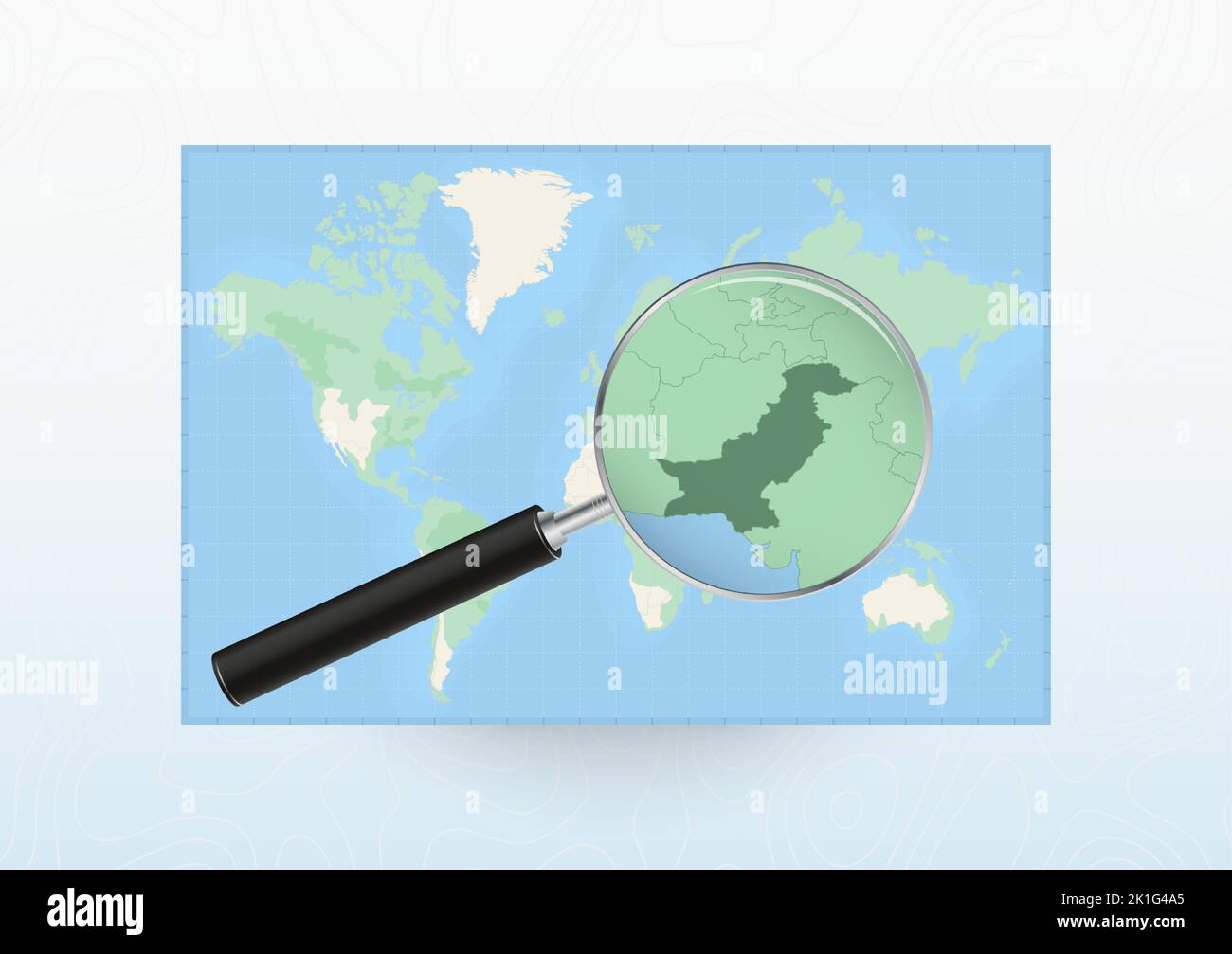 Map of the World with a magnifying glass aimed at Pakistan, searching Pakistan with loupe ...
