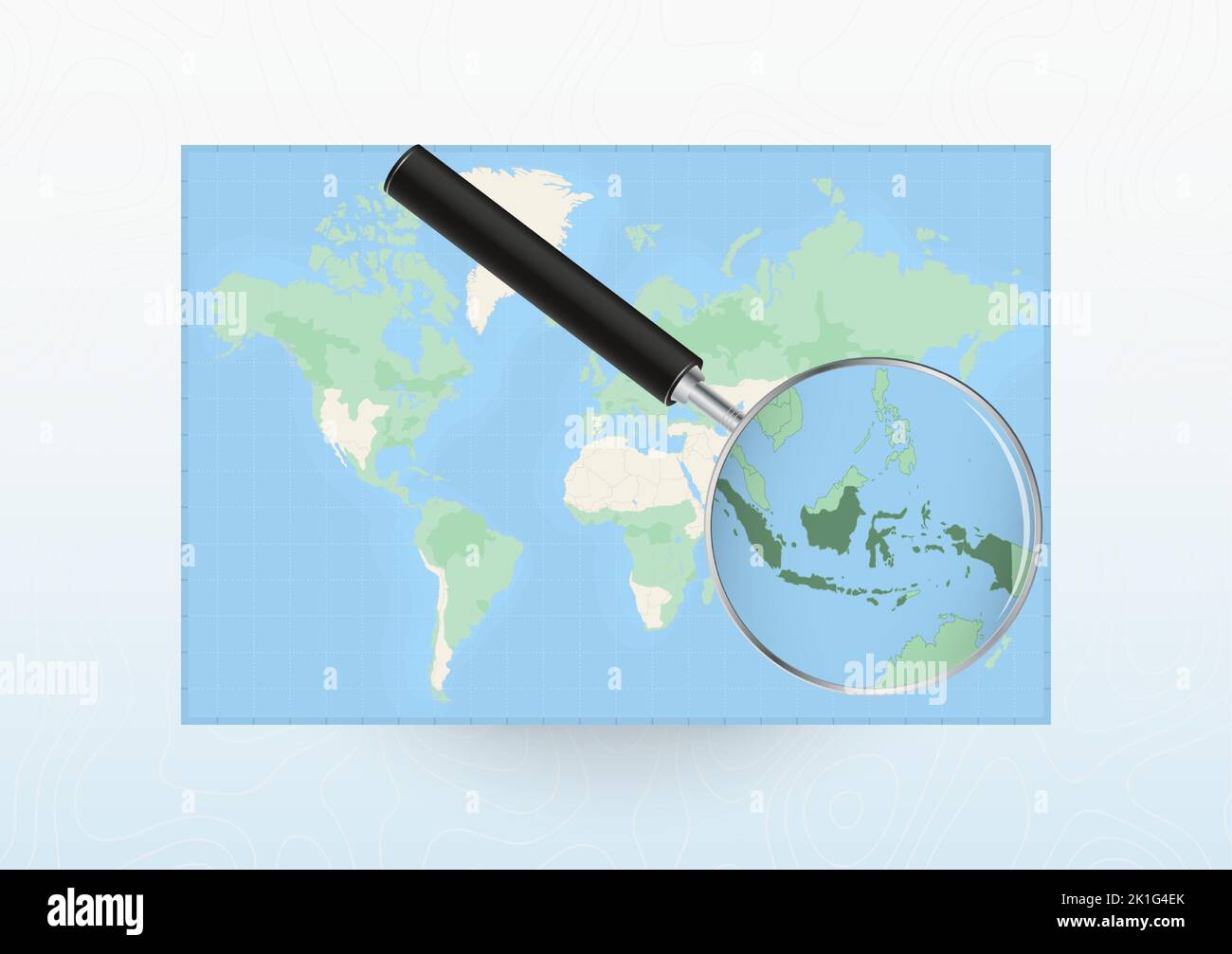 Map of the World with a magnifying glass aimed at Indonesia, searching Indonesia with loupe ...