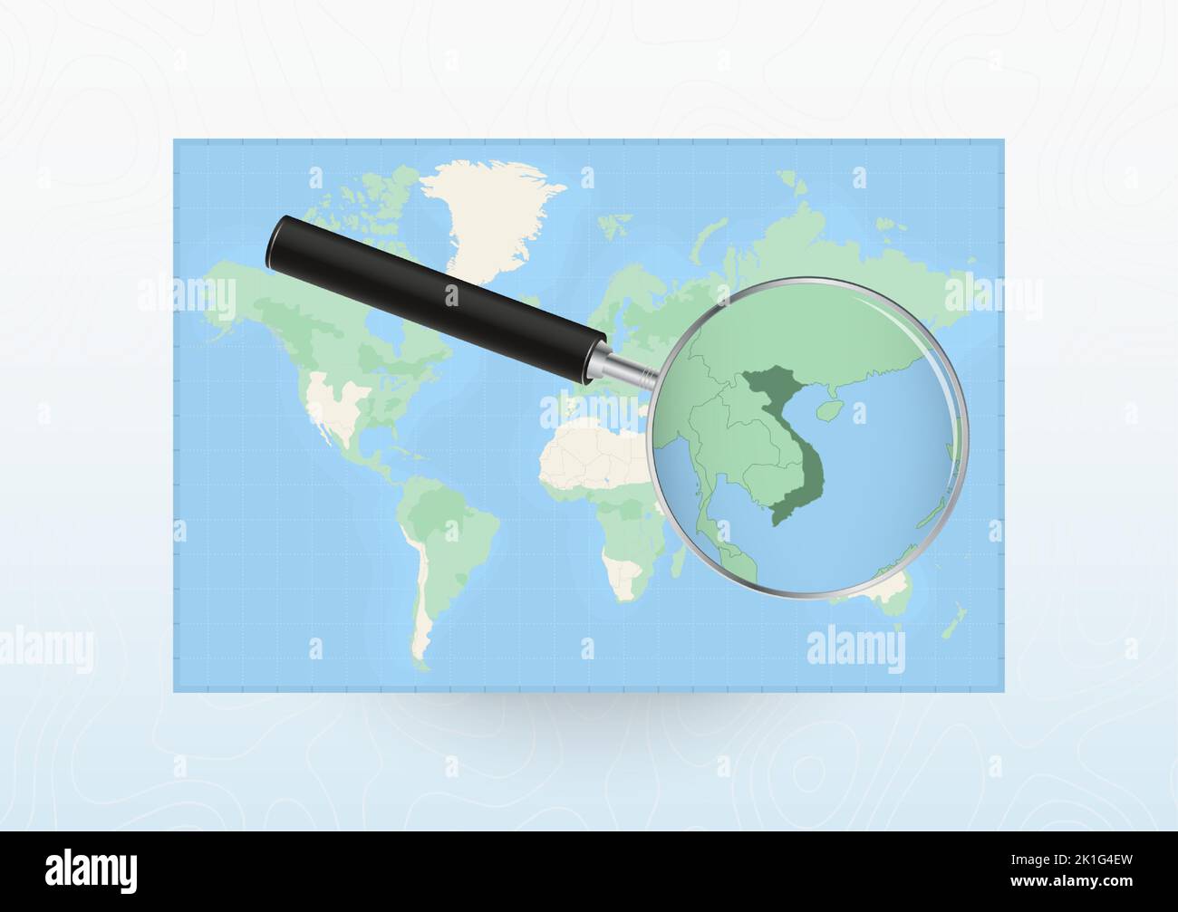 Map of the World with a magnifying glass aimed at Vietnam, searching Vietnam with loupe. Vector ...
