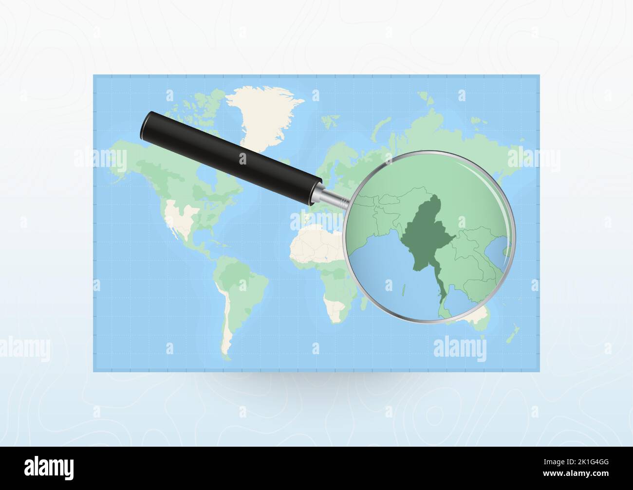 Map of the World with a magnifying glass aimed at Myanmar, searching Myanmar with loupe. Vector ...