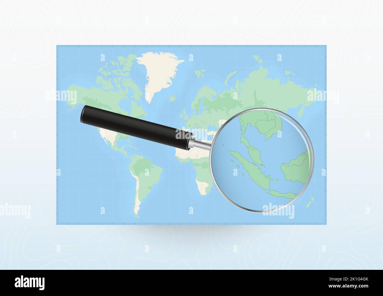 Map of the World with a magnifying glass aimed at Singapore, searching Singapore with loupe ...