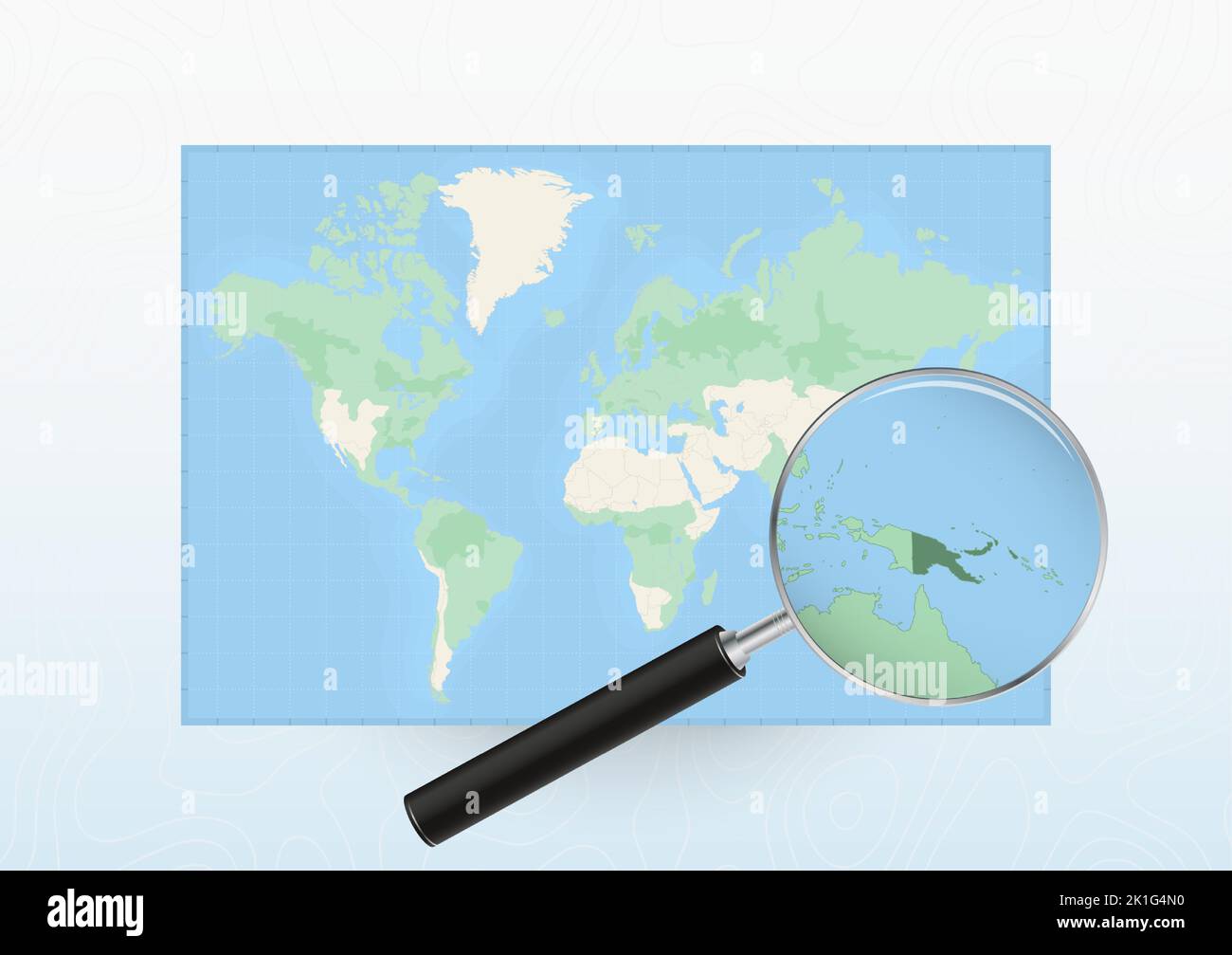 Map of the World with a magnifying glass aimed at Papua New Guinea ...