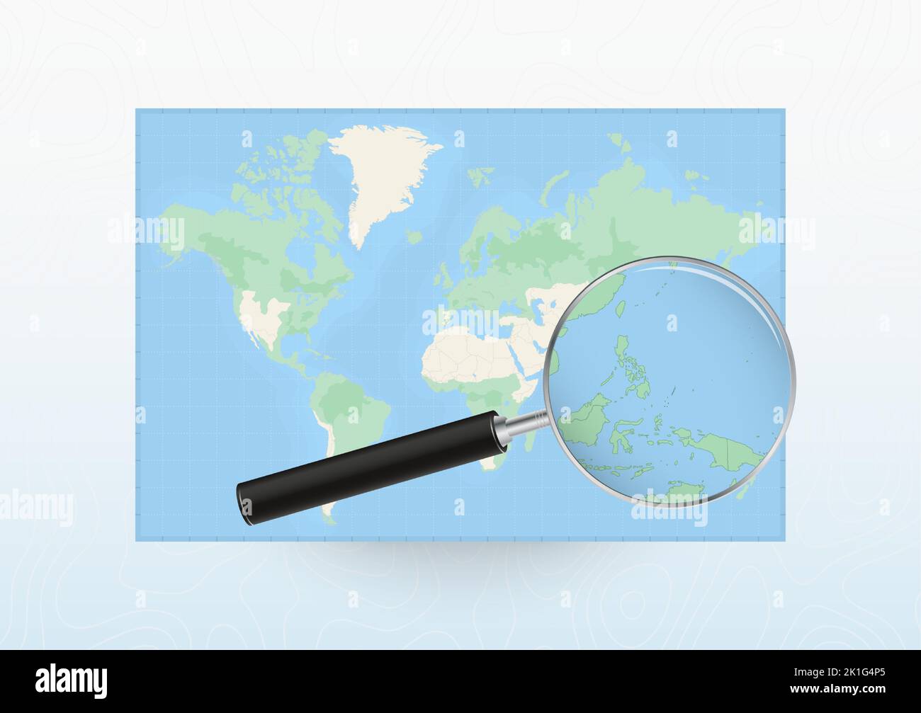 Map of the World with a magnifying glass aimed at Palau, searching Palau with loupe. Vector map ...