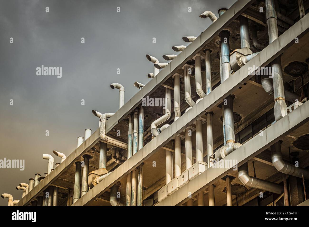 Air duct, air conditioner pipe on white ceiling wall. Ventilation ...