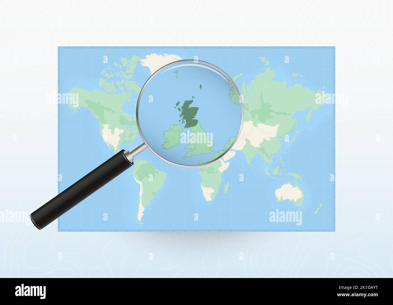 Map of the World with a magnifying glass aimed at Scotland, searching ...