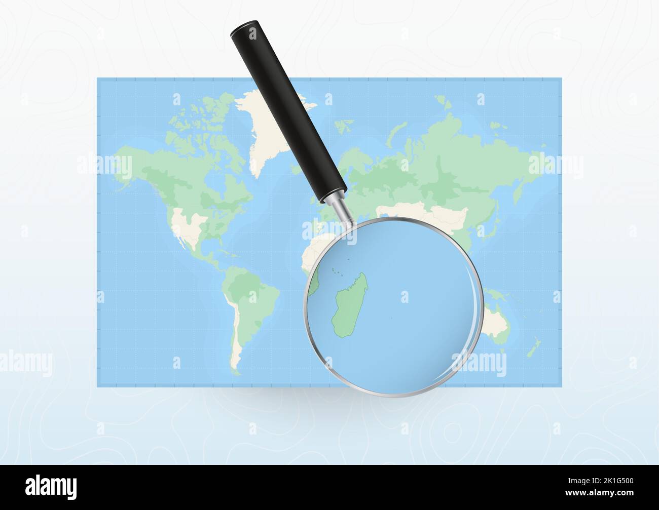 Map of the World with a magnifying glass aimed at Mauritius, searching ...