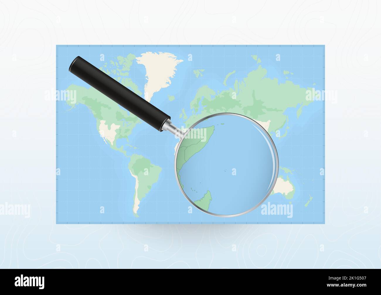 Map of the World with a magnifying glass aimed at Seychelles, searching Seychelles with loupe ...